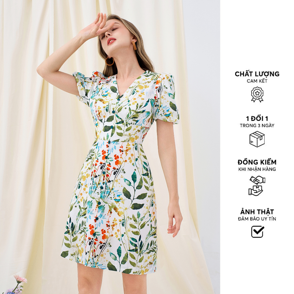 Đầm mini thô hoa nhỡ xanh vàng khuy bọc 411DR1036 ADORE DRESS | Shopee Việt Nam