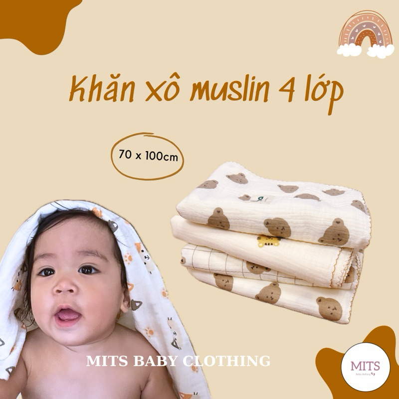 Khăn tắm xô muslin 4 lớp Boona cao cấp 70x100cm, dùng làm chăn đắp, quấn ủ cho trẻ sơ sinhu ...