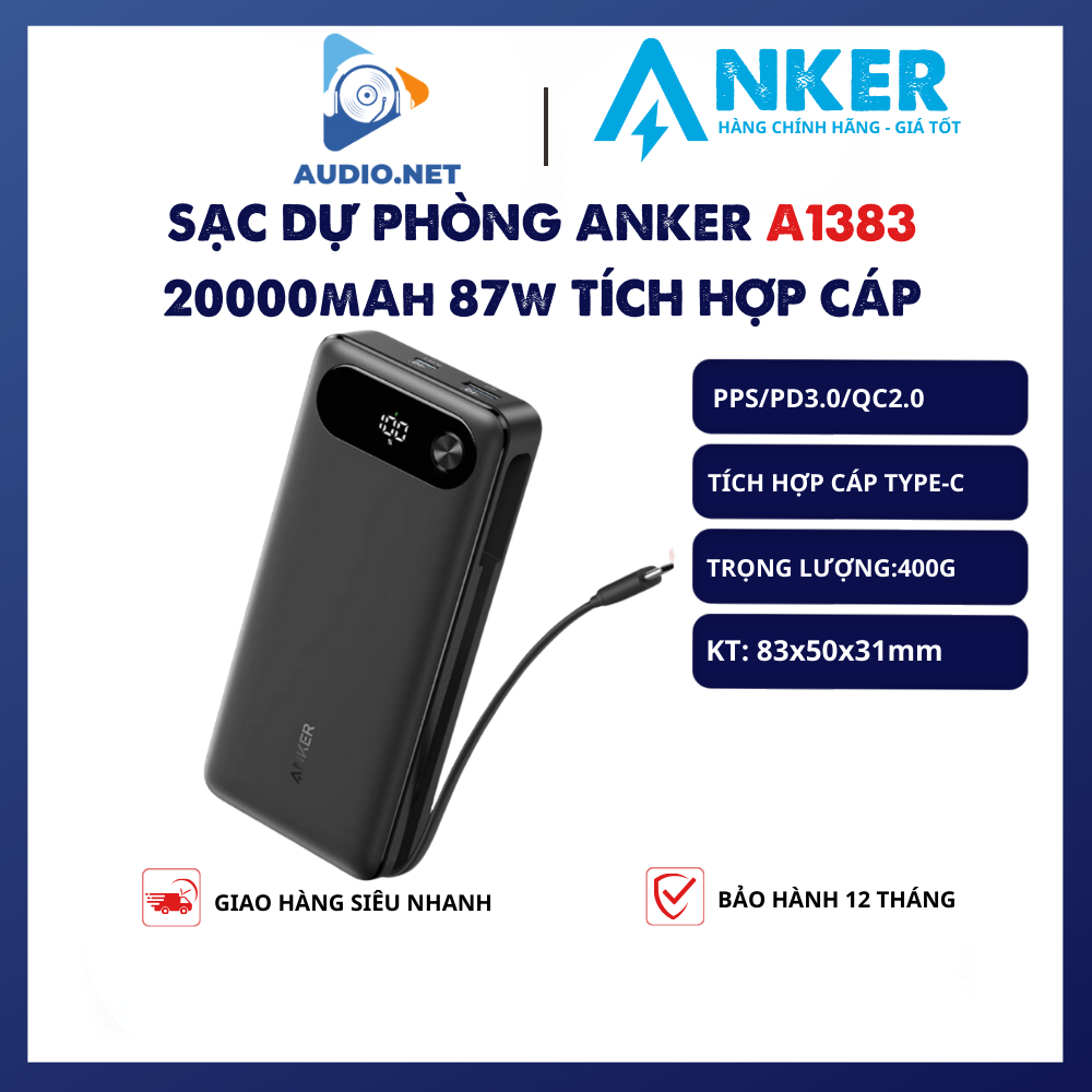 Sạc Dự Phòng Anker 20.000mAh A1383 87W Tích Hợp Cáp Type C - Bảo Hành ...