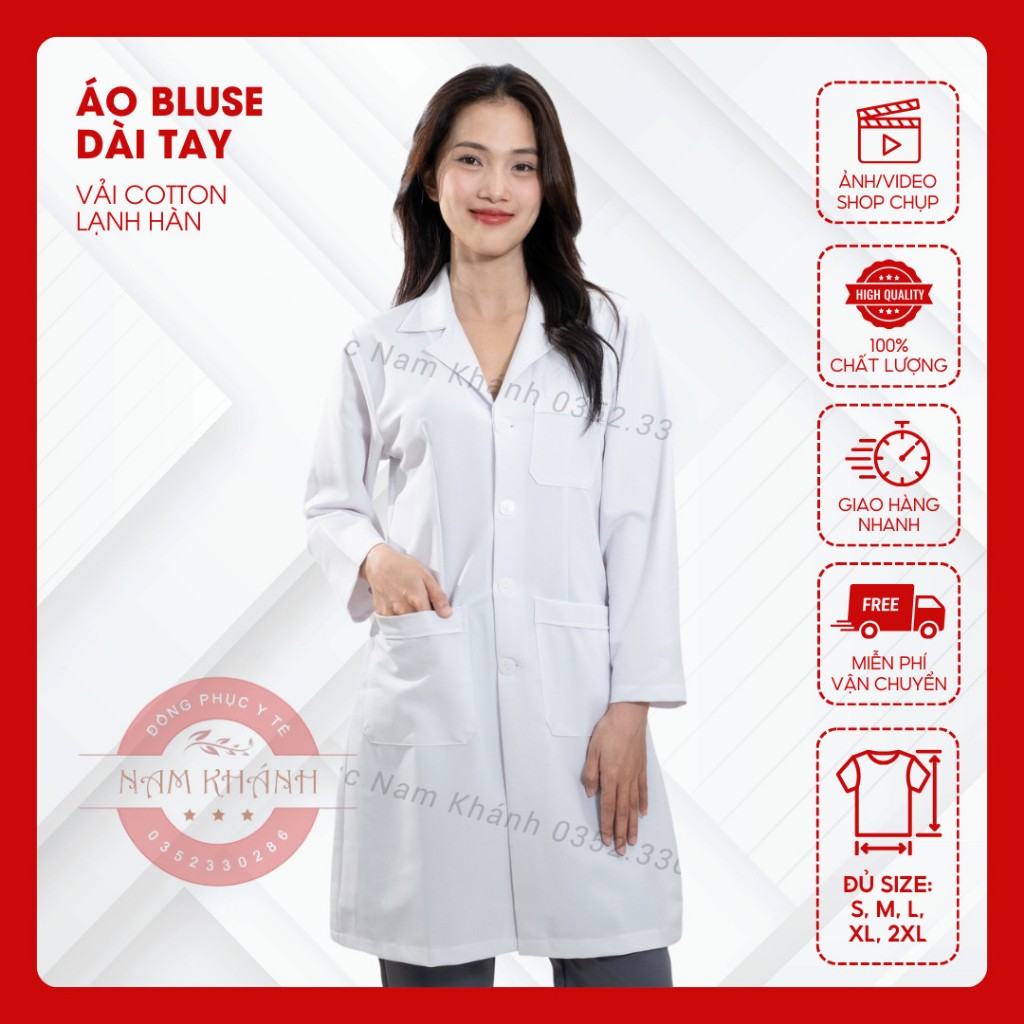 Áo Blouse trắng dáng dài cộc tay áo lab cho bác sĩ, dược sĩ, spa, thẩm ...