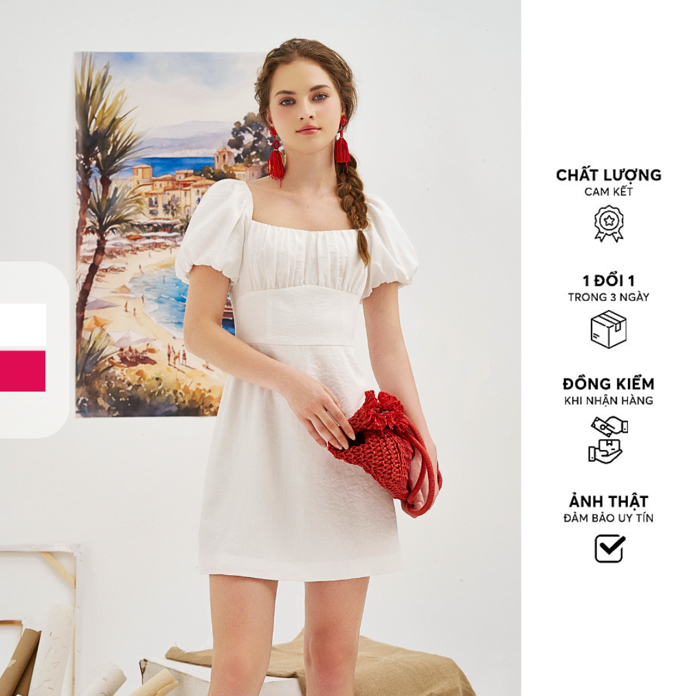 Đầm mini đũi chun hồng sen và trắng xếp nhún cổ u 411DR1035 ADORE DRESS ...