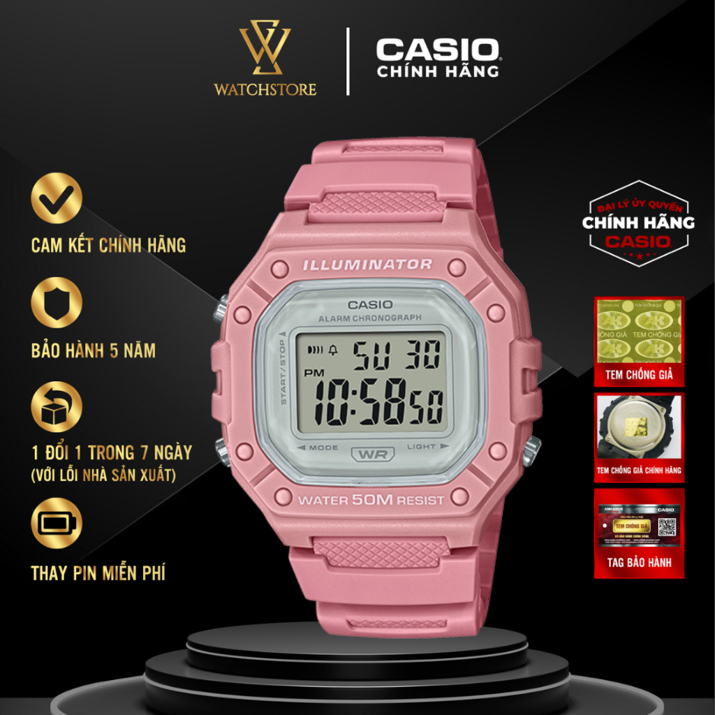Đồng Hồ Điện Tử Nữ Casio W-218HC-4AVDF Màu Hồng Mặt Vuông Kính Nhựa 43 ...