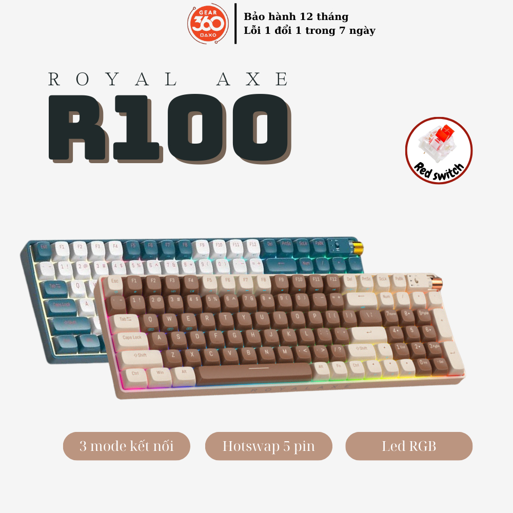 Bàn phím cơ Royal Axe R100, 3 chế độ kết nối, led RGB nhiều chế độ ...