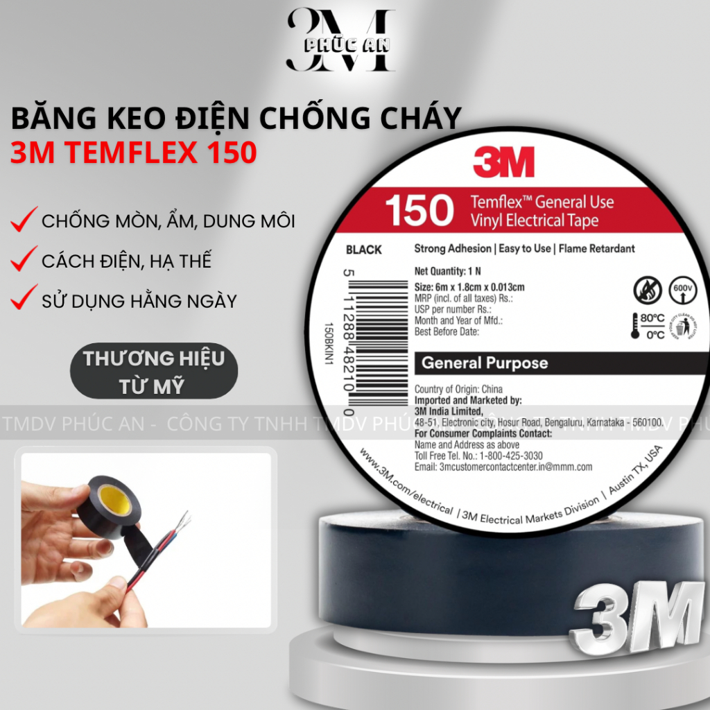 Băng keo điện hạ thế, chống cháy 3M Temflex 150, màu đen, chịu nhiệt từ 0 đến 80 độ C | Shopee ...