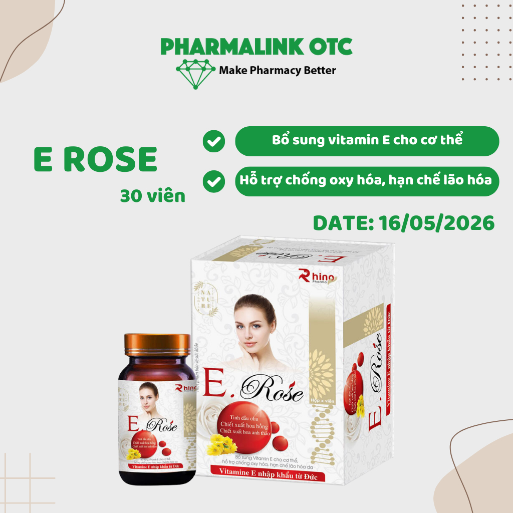 Viên uống vitamin E Rose Rhino, giúp sáng da, đẹp da - Hộp 30 viên ...
