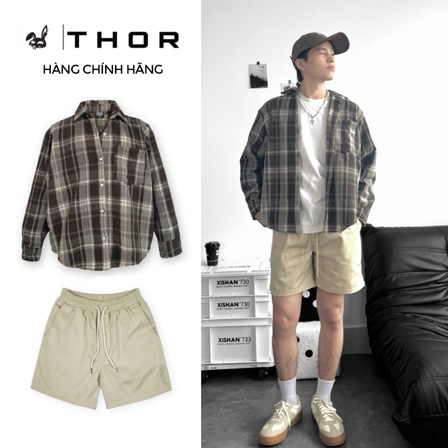 THOR set unisex sơmi Flannel nâu tay dài và quần short kaki kem chất ...