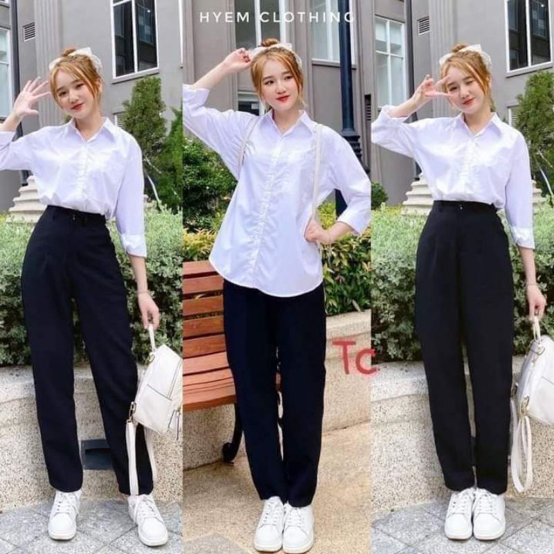 Quần tây baggy nữ đi học cạp cao bản to 2 khuy có đai lưng cao màu đen | Shopee Việt Nam