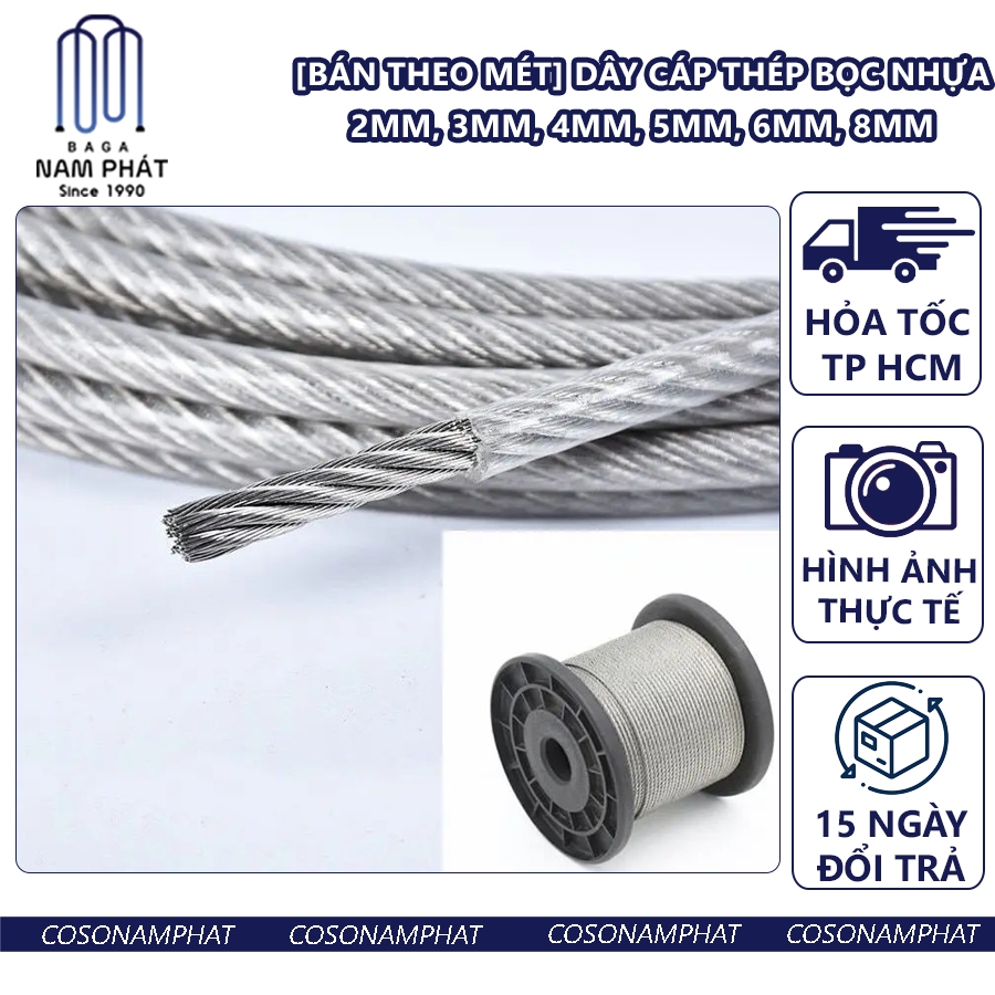 [Giá 10M] Dây Cáp Thép Bọc Nhựa Phi 2 3 4 5 6 8 mm Cap mạ kẽm Boc Nhua ...