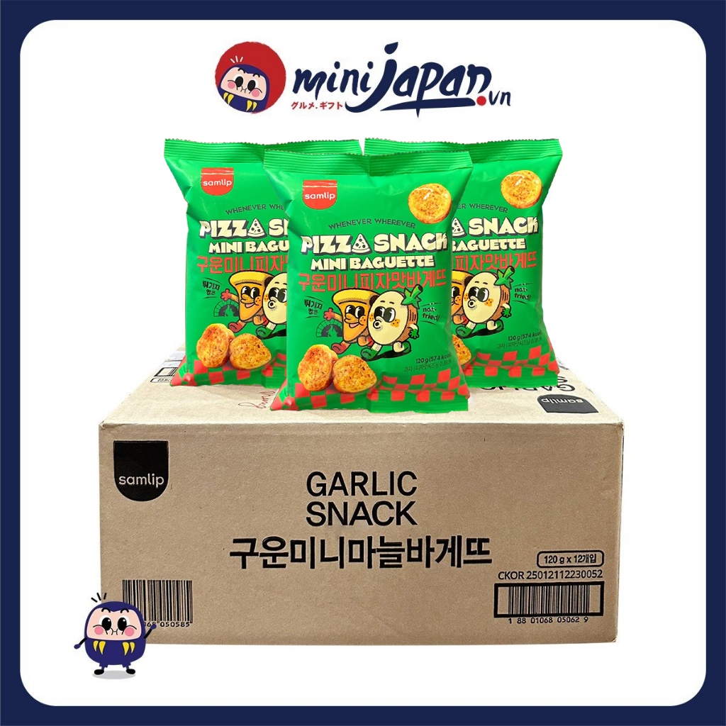 Thùng 12 gói Snack bánh mì bơ tỏi Samlip và bánh mì nướng Pizza 120g ...