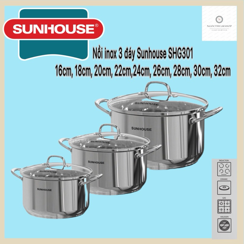 Nồi inox 3 đáy SUNHOUSESHG301- (16-20-24-28-30-32cm ) chính hãng dùng trên mọi loại bếp | Shopee ...