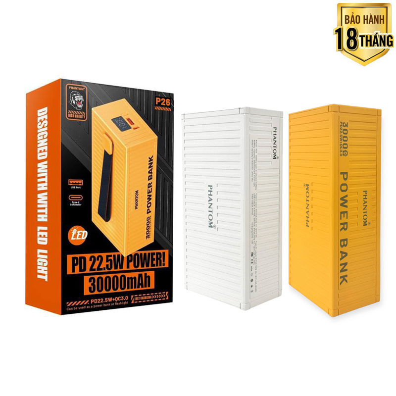 Pin dự phòng sạc nhanh 30000mah PHANTOM P26 Container sạc Táo 15 cell pin Polymer - hỗ trợ QC 22 ...