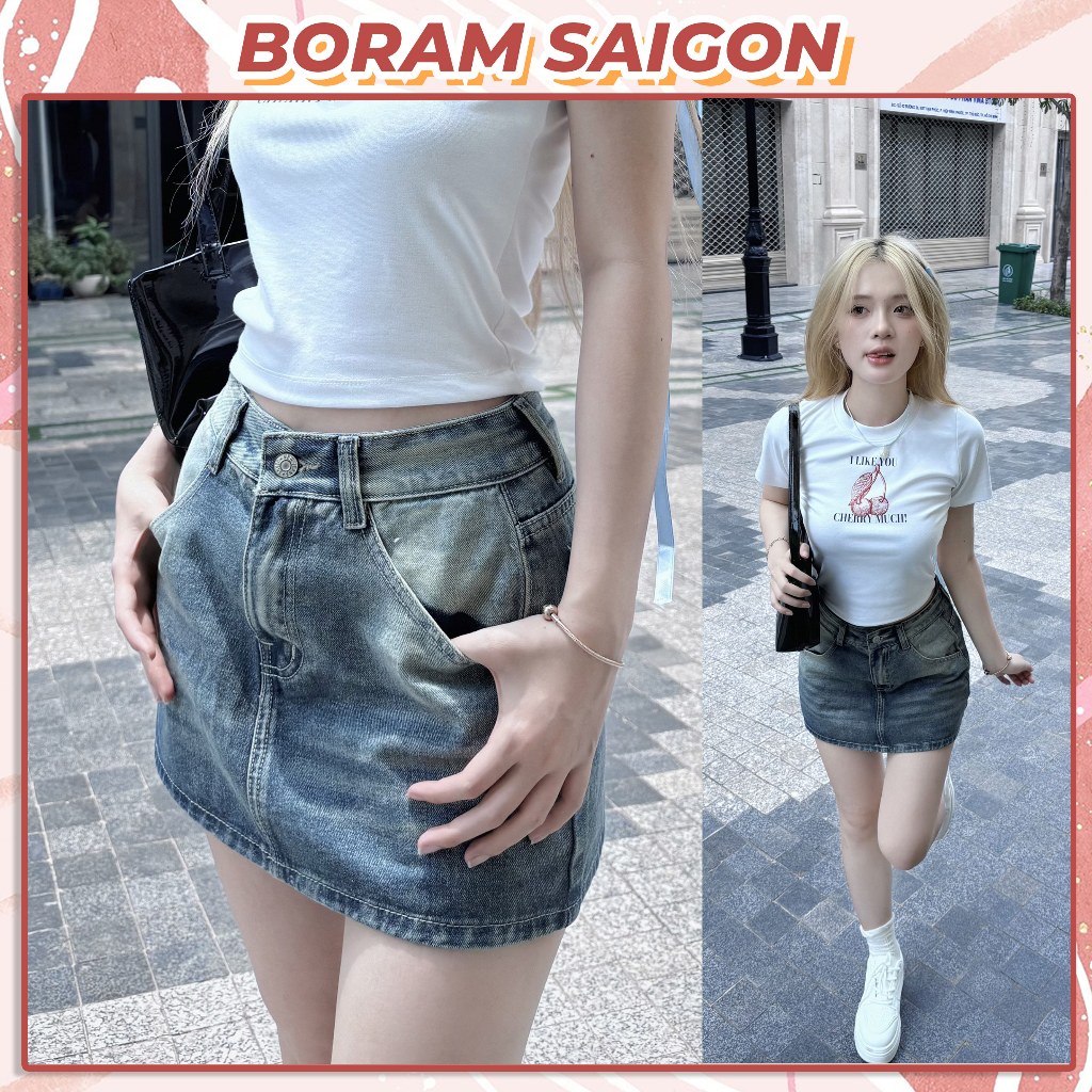 Chân váy jean ngắn Y2K, chân váy nữ tôn dáng BORAM SG (có quần bảo hộ ...