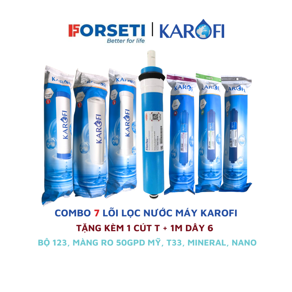 Combo 7 lõi lọc nước Karofi chính hãng dùng cho các máy lọc nước 7 cấp (123 RO50 T33, Min, Nano ...