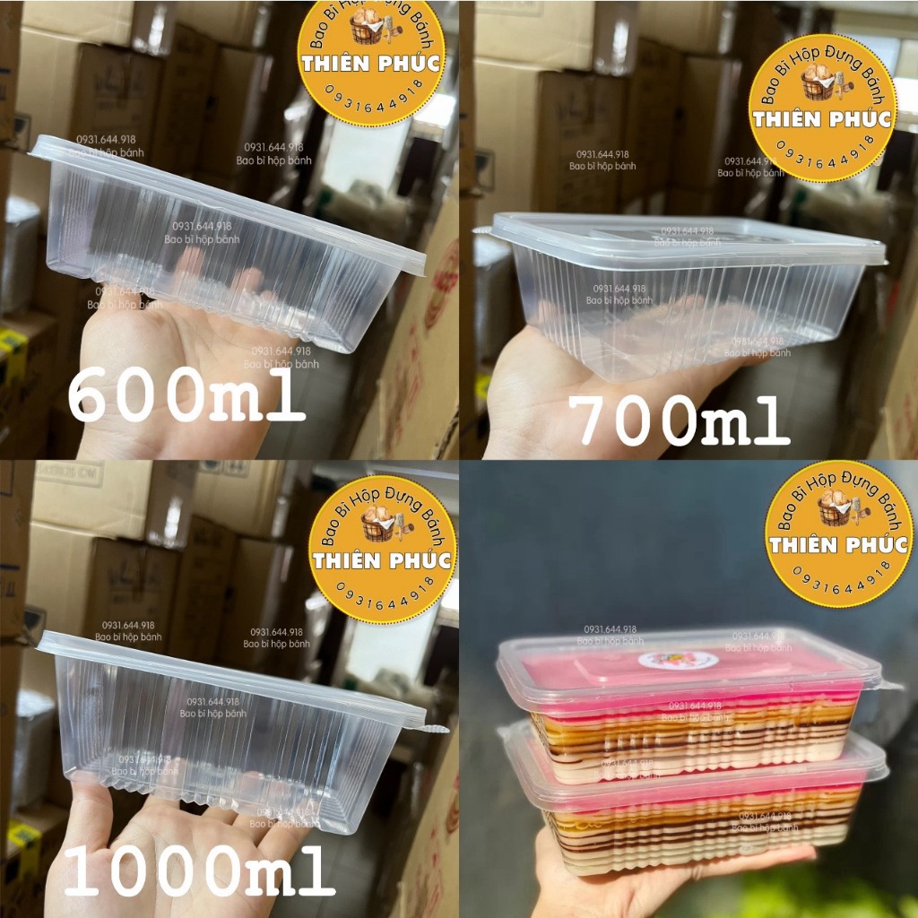 100 Hộp chữ nhật gân đổ rau câu sơn thủy - Hộp đựng rau câu sơn thủy 600ml - 700ml - 1000ml ...