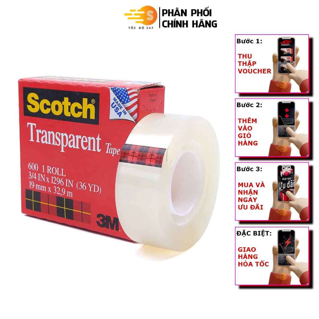 Băng keo trong suốt chuyên dụng thử mực, thử sơn 3M Scotch 600 SB-600-34 - kích thước 3/4 in, ko ...