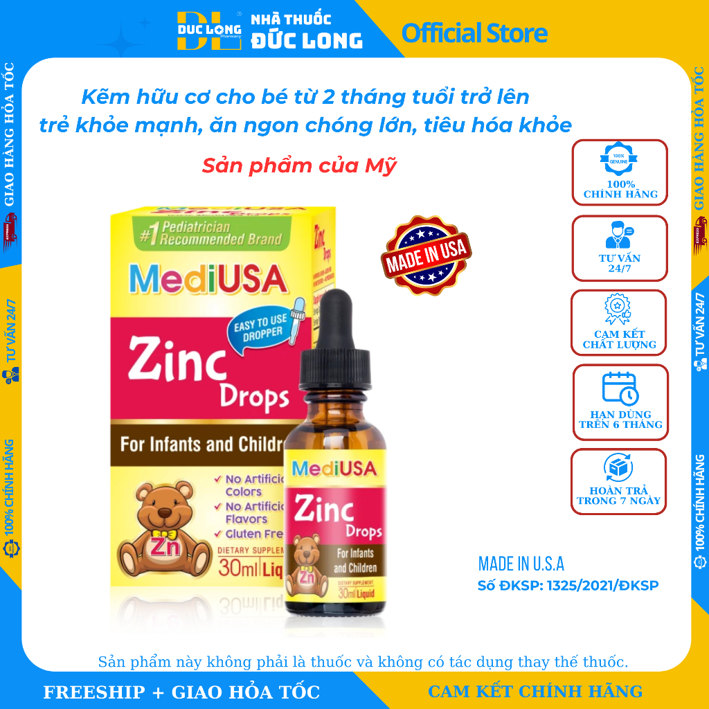 MediUSA Zinc Drops Siro kẽm hữu cơ cho bé biếng ăn - Lọ 30ml tăng đề ...