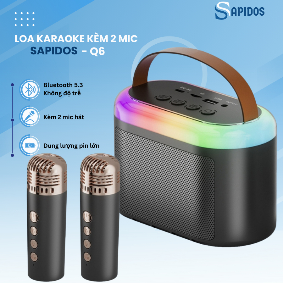Loa Bluetooth karaoke kèm 2 mic không dây Q6, Loa Karaoke mini có LED ...