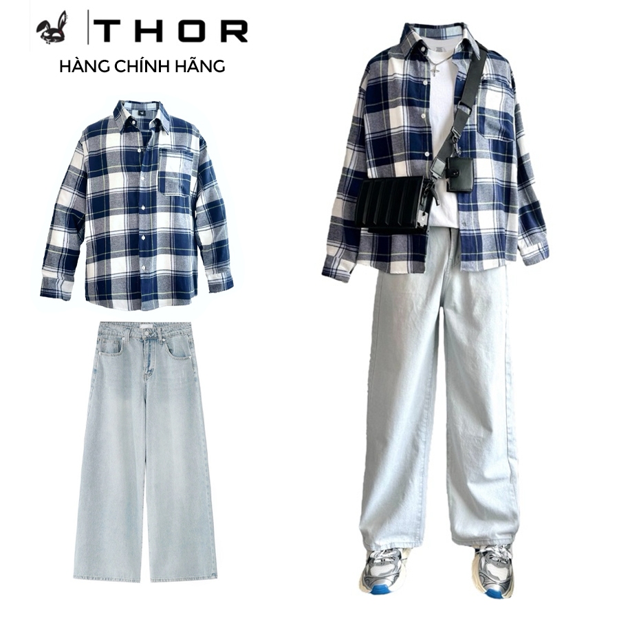 THOR combo tiết kiệm set áo sơmi FLANNEL xanh tay dài và quần jean ống ...