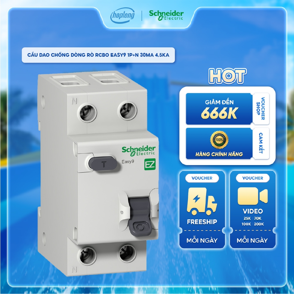 Cầu Dao Chống Giật Chống Dòng Rò Aptomat RCBO Easy9 Schneider EZ9D34632 1P+N, 32A, 4.5kA, 30mA ...