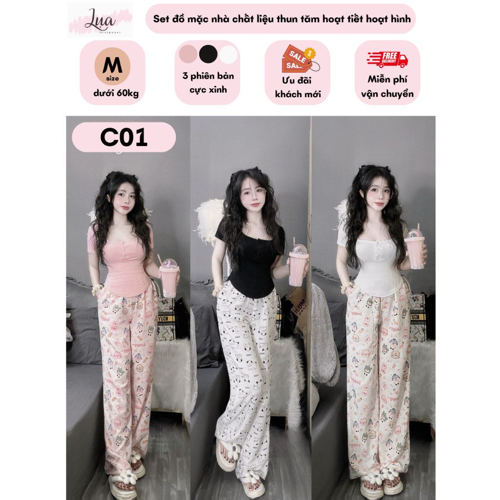 Set đồ mặc nhà, chất thun tăm, quần xốp mềm suông dài họa tiết hoạt hình style hotgirl (C01 ...