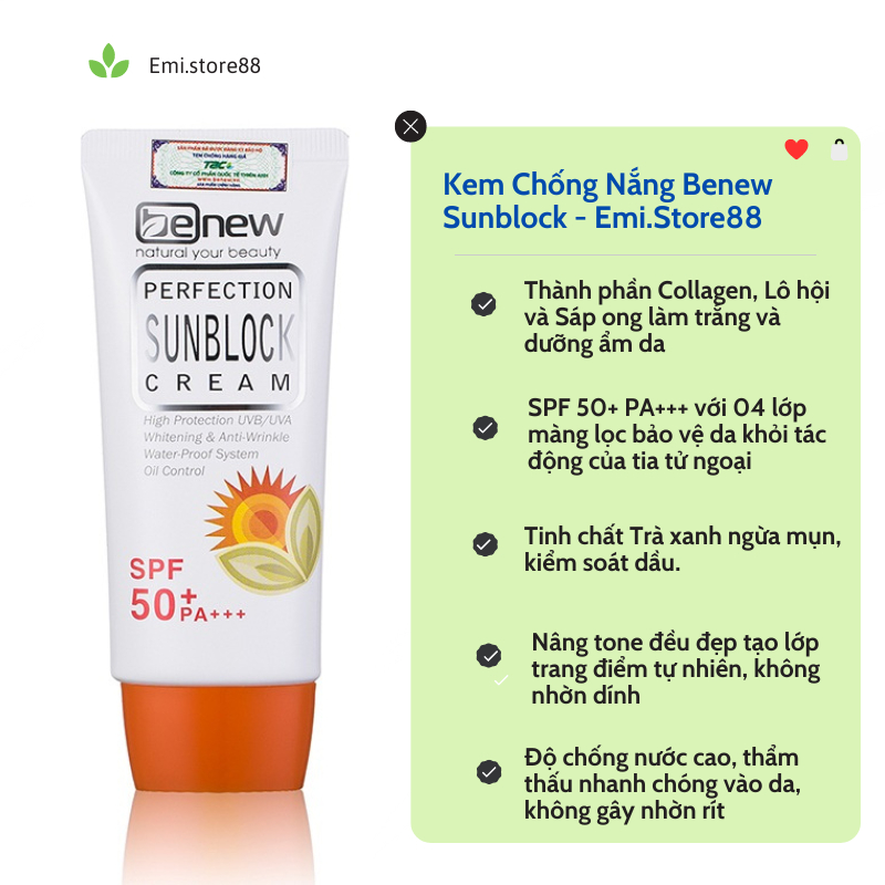 Kem Chống Nắng Nâng Tone BENEW SUN BLOCK CREAM SPF 50 PA +++ -Trắng Da ...