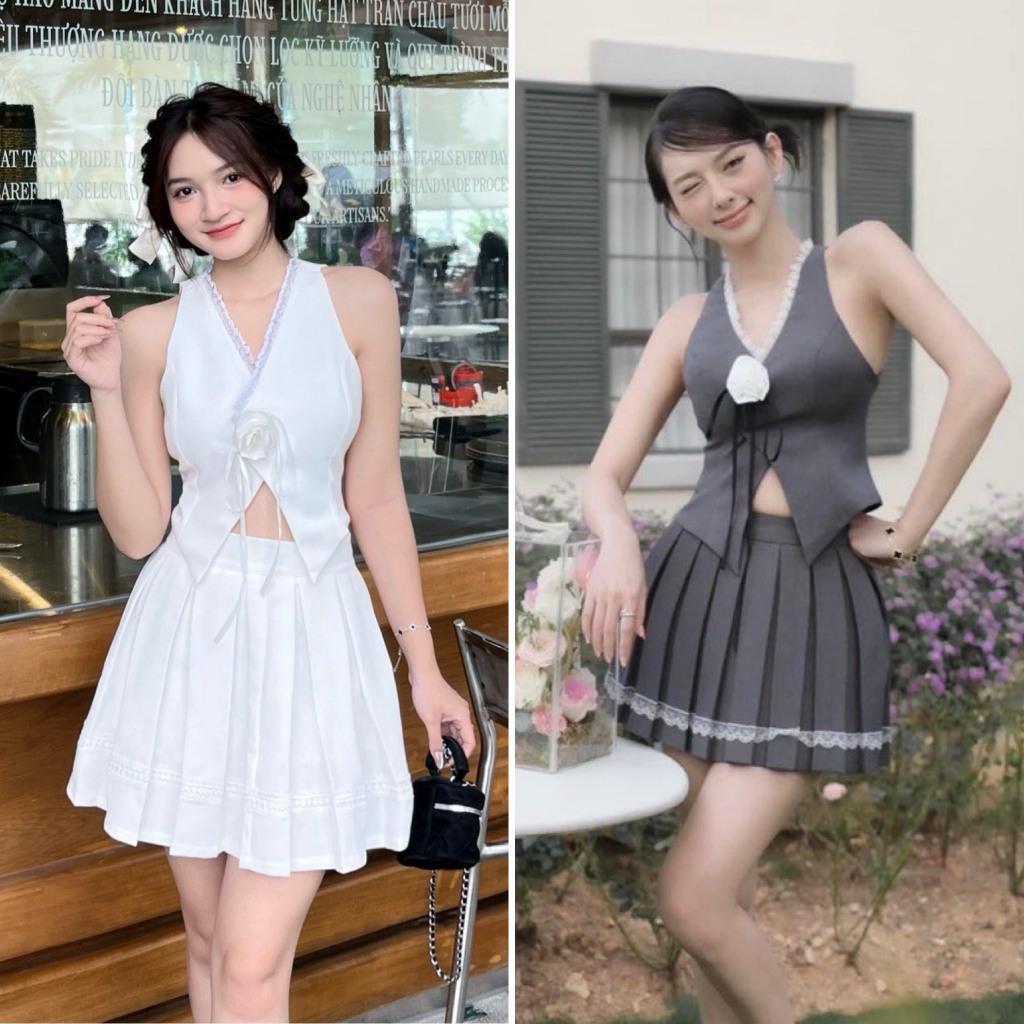 HB.CLOSET - Set áo gile ren vạt chéo phối hoa ngực kèm chân váy xếp ly tiểu thư cá tính - S202 ...