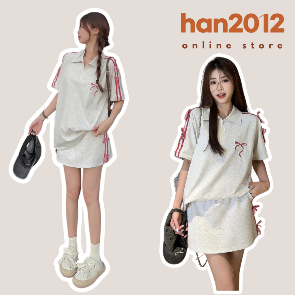 Set áo polo chân váy ngắn thêu nơ, sét bộ đồ nữ đính nơ thể thao mùa hè ...