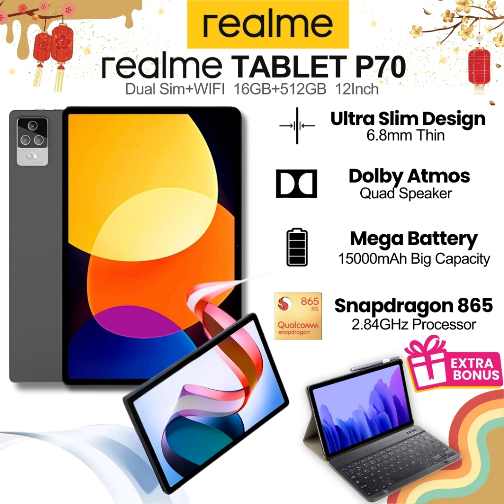 Máy tính bảng Realme p70 | 16GB + 512GB Hai SIM 4G LTE WiFi 2.4/5G | Android 12 Snapdragon 865 ...