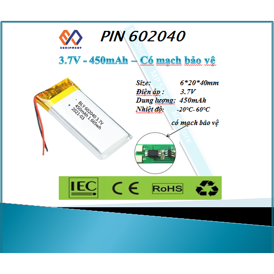 Linh kiện điện tử Pin Sạc 602040 3.7V 450mah (có mạch bảo vệ) | Shopee ...