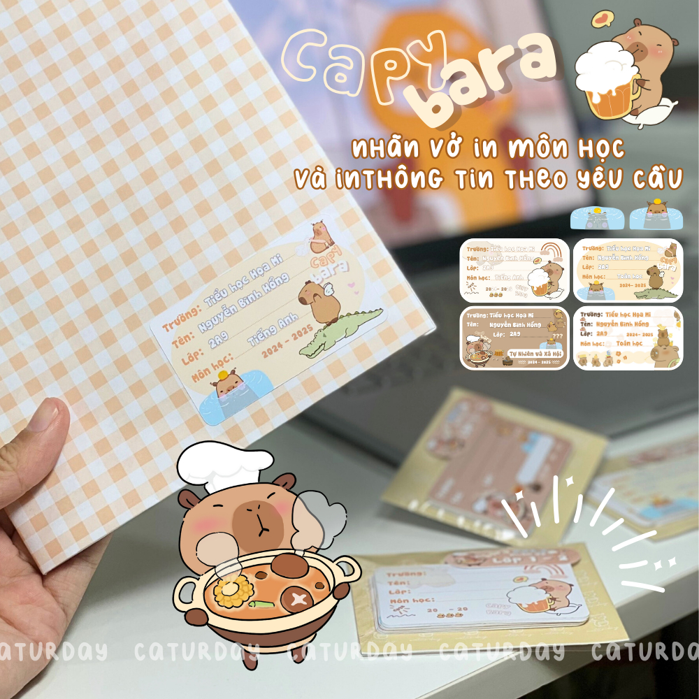 Nhãn vở CAPYBARA MÔN HỌC in thông tin theo yêu cầu cực dễ thương ...