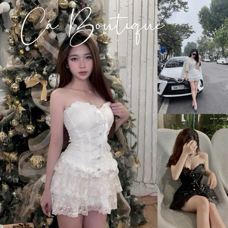 Set áo quây corset nơ ngực viền bèo phối chân váy ren tầng | Shopee Việt Nam