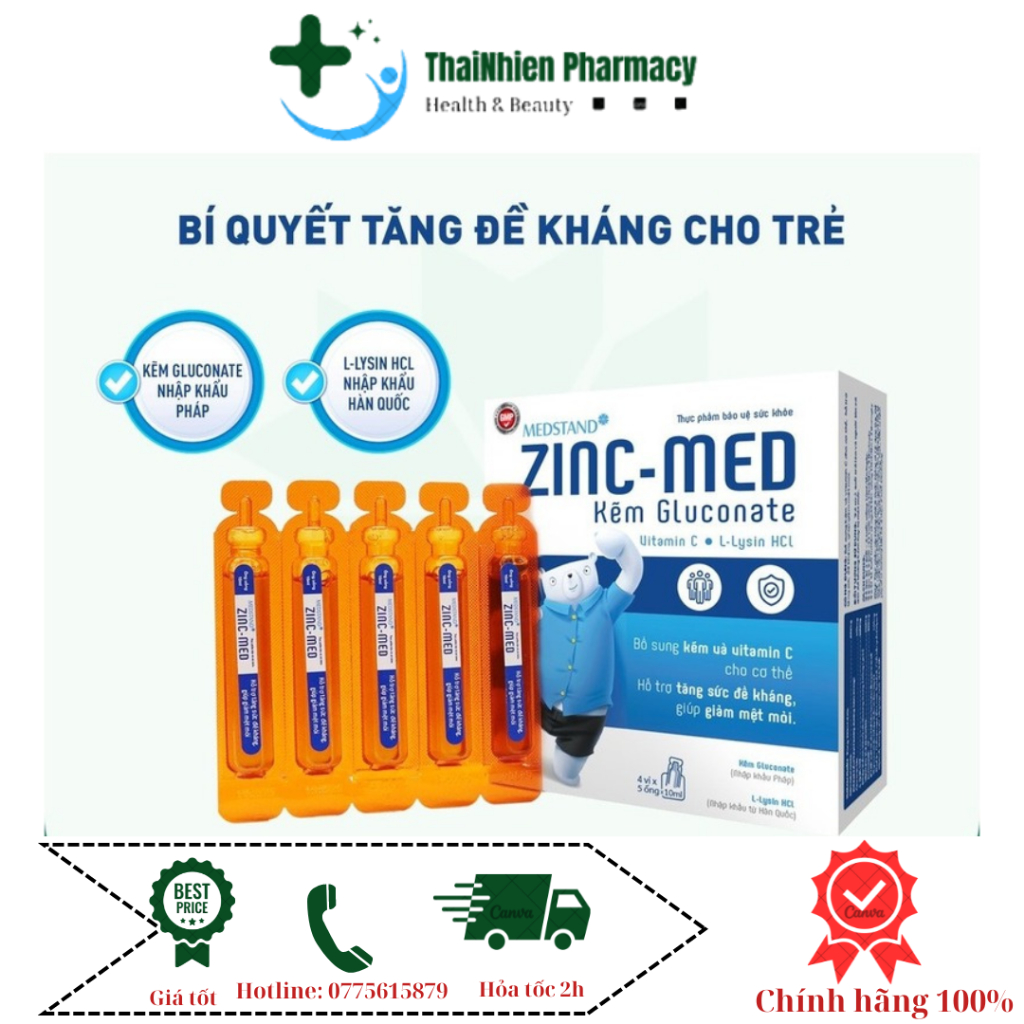 Siro dạng ống Zinc-Med Medstand Bổ sung Kẽm, Vitamin C, Lysine, Tăng ...