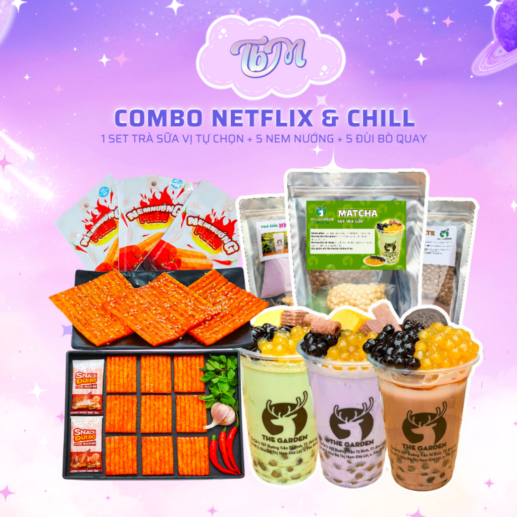 Combo Netflix & Chill gồm 1 set trà sữa tự pha The Garden + 5 nem nướng ...