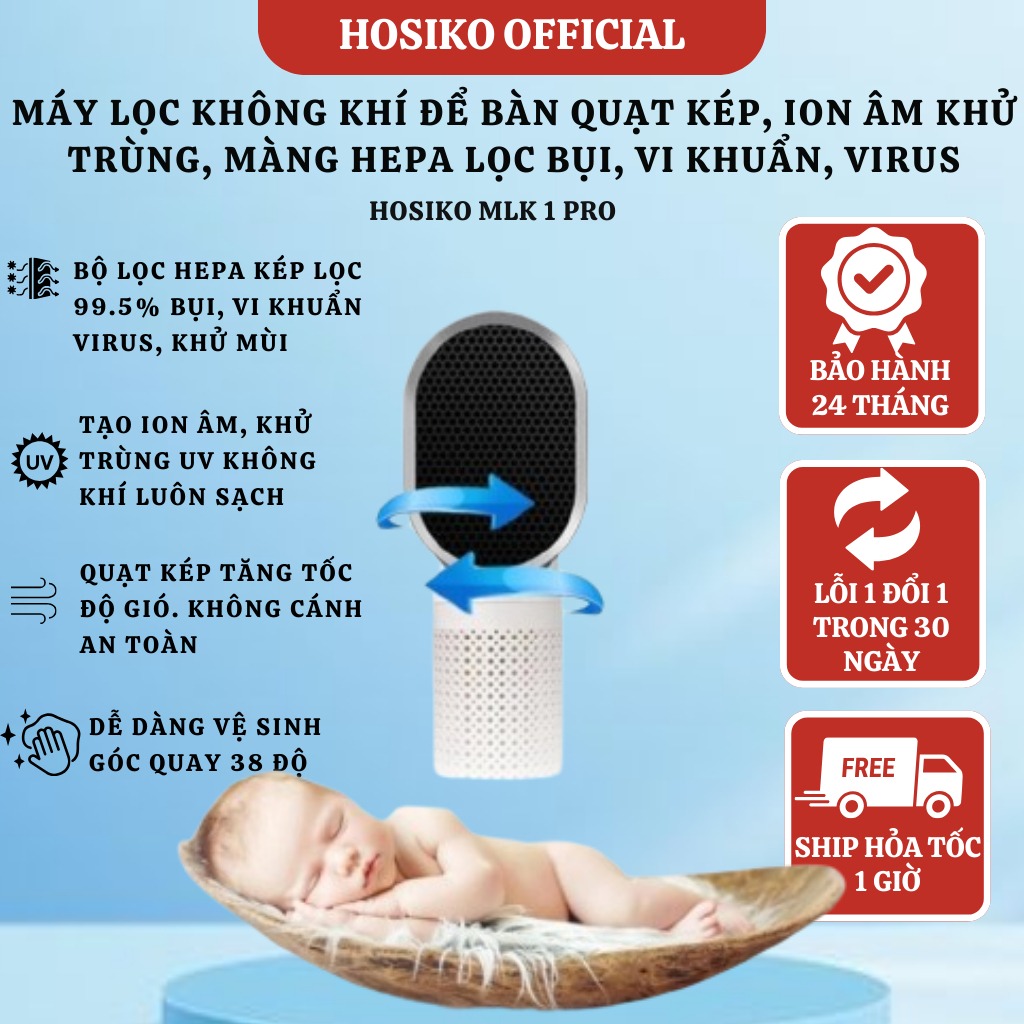 Máy lọc không khí Ion âm HOSIKO để bàn loại bỏ khói, bụi thông minh ...