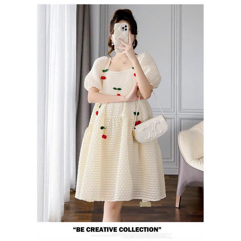 Váy bầu cộc tay dáng Babydoll đính quả cherry xinh xắn, đầm tiểu thư ...