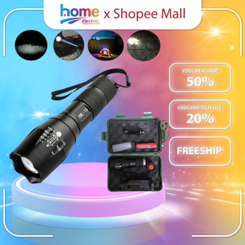 Đèn pin mini siêu sáng mini cầm tay, đèn led XML T6 full box hộp kèm pin và sạc vỏ kim loại chắc ...