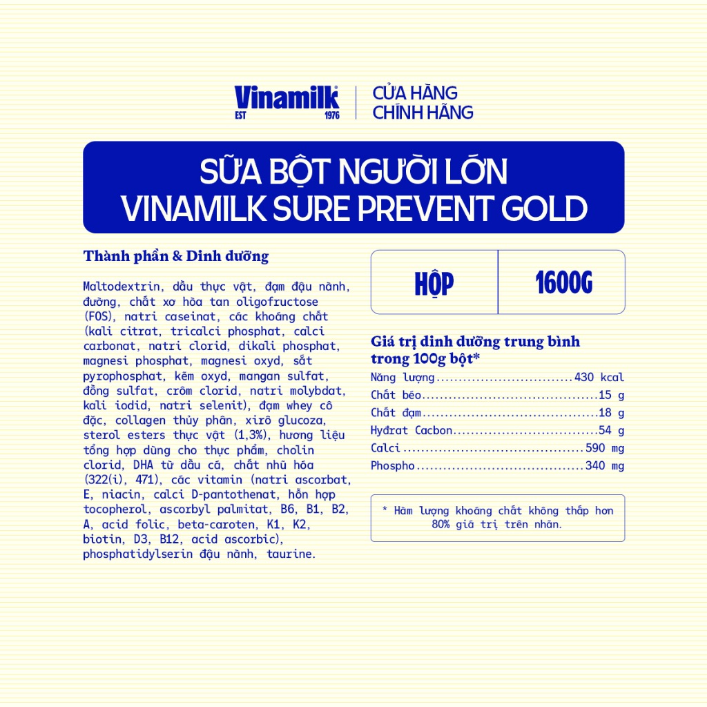 Sữa bột cho người lớn tuổi Vinamilk Sure Prevent 1600g (4 túi x 400g ...