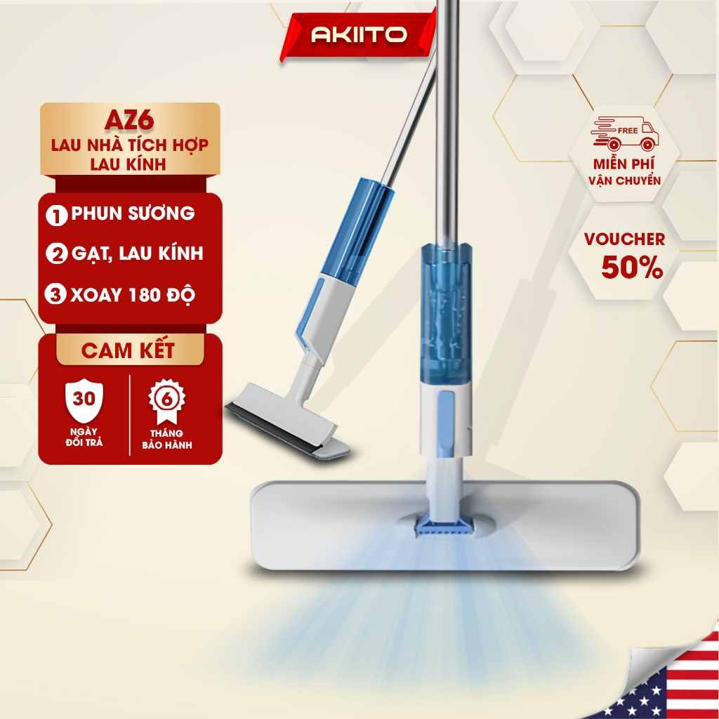 Cây lau nhà phun sương tích hợp lau kính, gạt kính xoay 180 độ, Akito ...