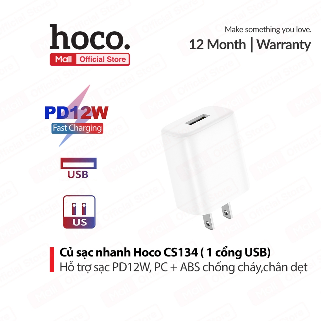 Củ sạc nhanh PD12W 1 cổng USB Hoco C134, tương thích nhiều thiết bị ...