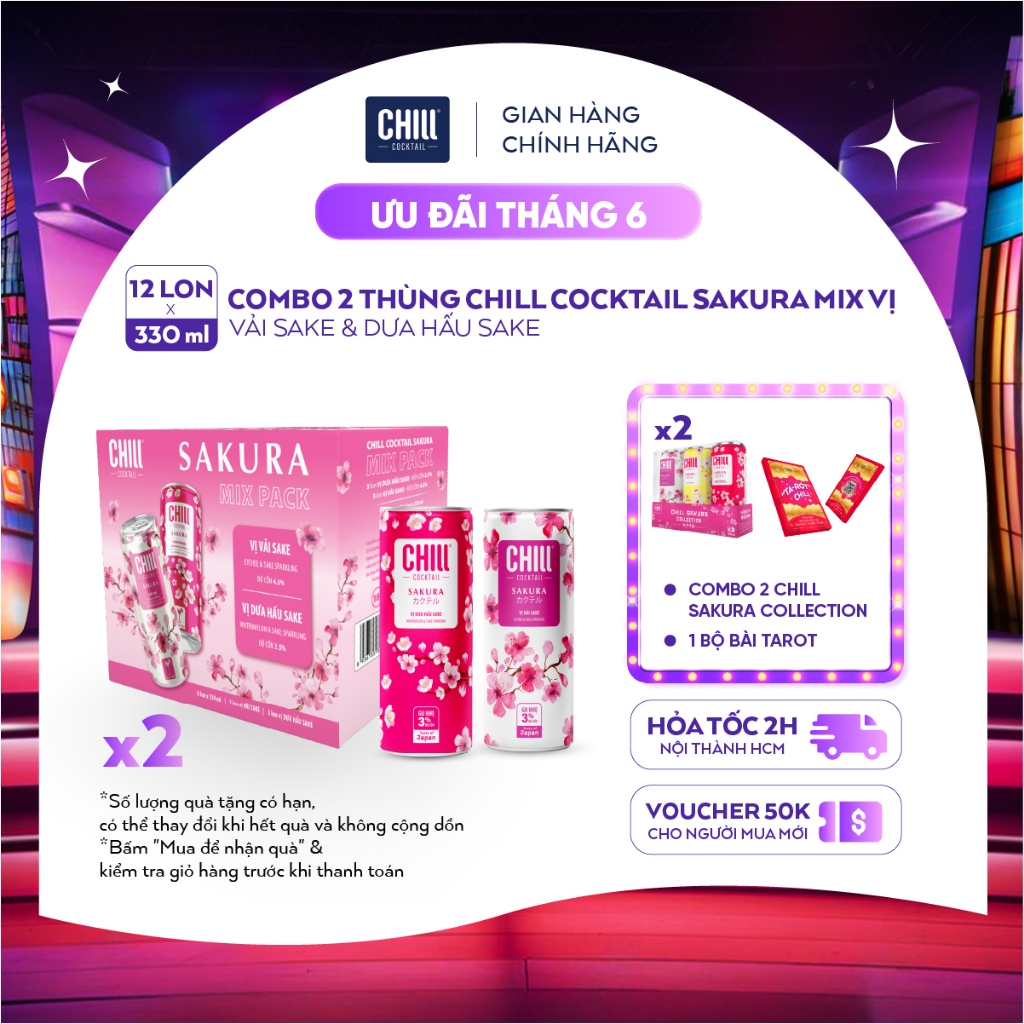 Combo 2 Thùng 6 lon Chill Cocktail Sakura mix vị Vải Sake & Dưa Hấu ...