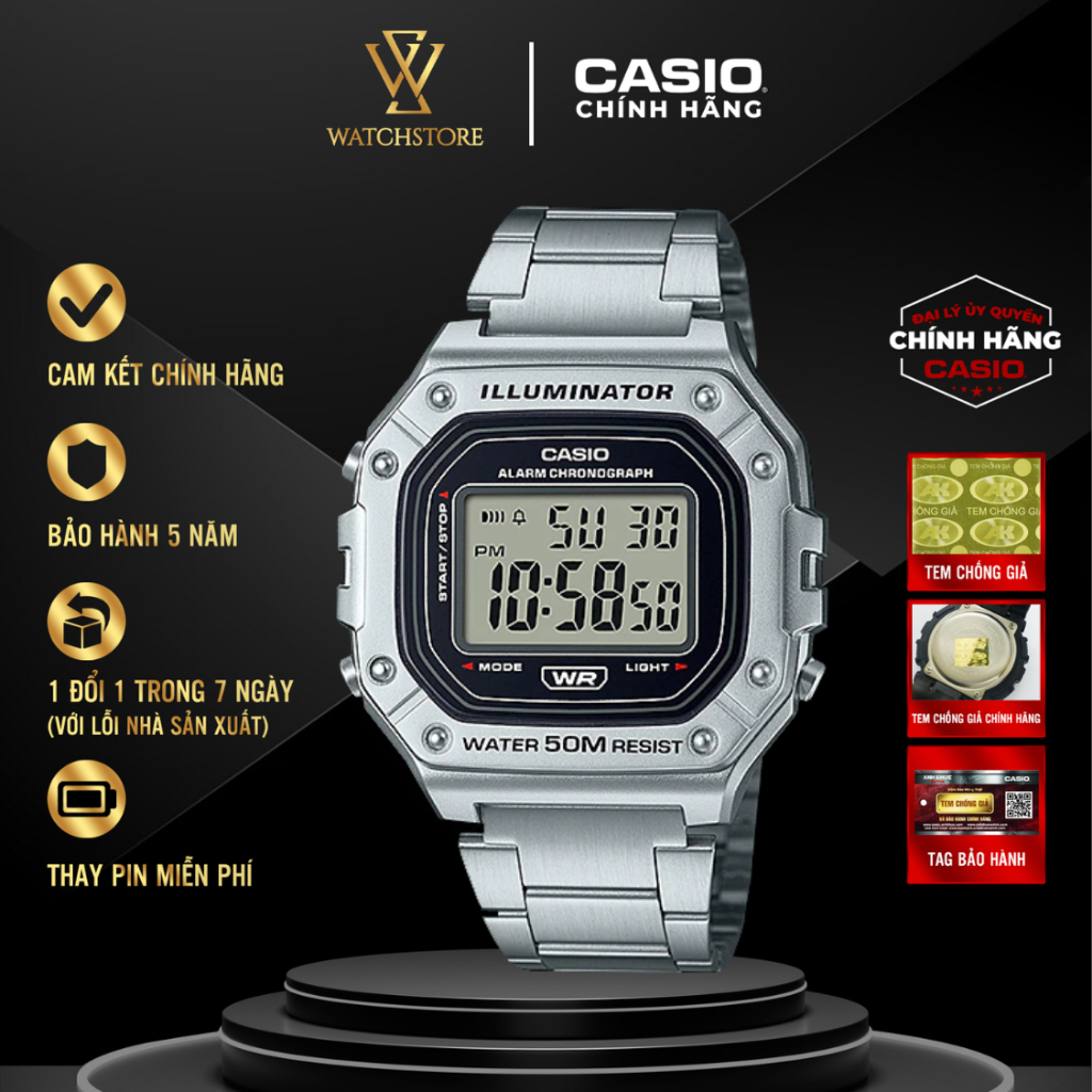 Đồng Hồ Điện Tử Unisex Casio W-218HD-1AVDF Mặt Kính Nhựa 43.2mm Chống ...