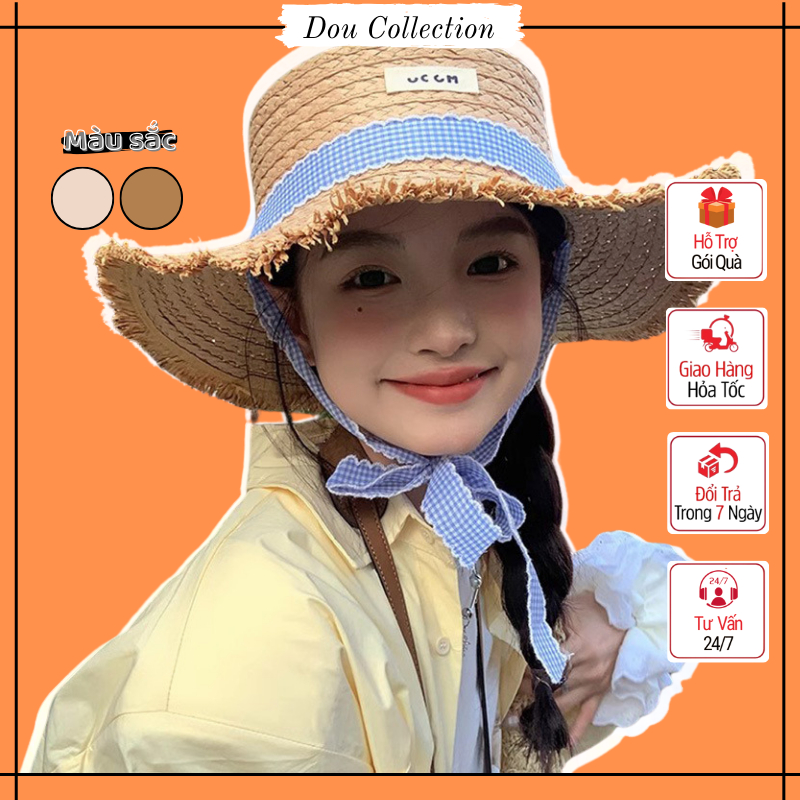 Nón cói form cứng unisex, Mũ cói vành rộng cao cấp phối dây xanh caro thời trang biển xuân hè ...