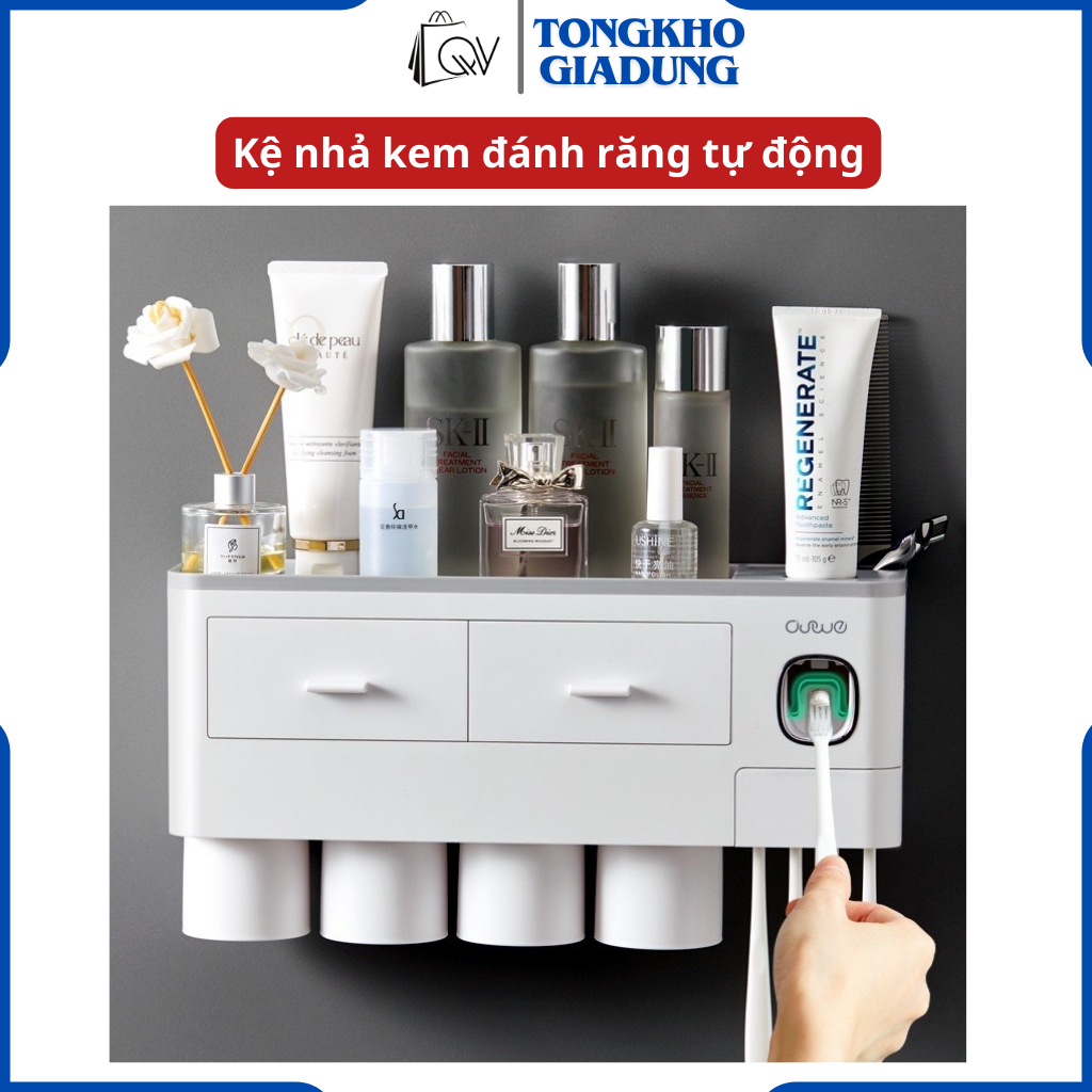 Bộ nhả kem đánh răng tự động 2/3/4 cốc trắng cao cấp, kệ để đồ phòng ...