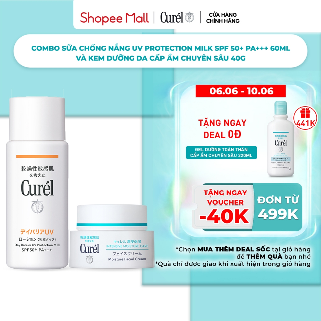 Combo sữa chống nắng Curel UV Protection Milk SPF 50+ PA+++ 60ml và Kem dưỡng da Curel cấp ẩm ...