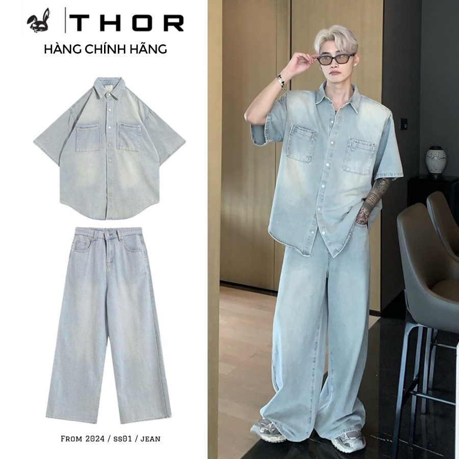 Set jeans unisex THOR gồm áo sơmi tay ngắn và quần jean ống rộng Wana bộ đồ bò form suống rộng ...