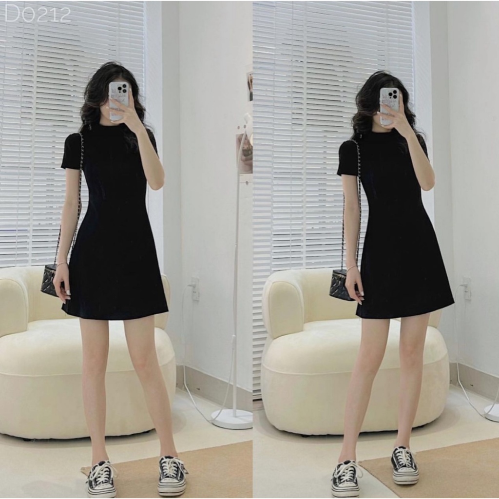 METWO. - Váy thun đen cotton zip trơn ngắn xoè cổ cao 3p chiết eo body ...