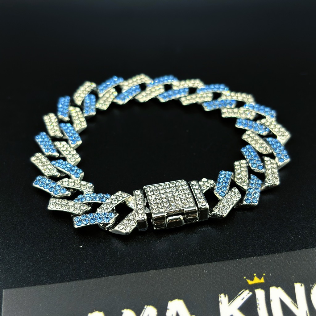 Vòng tay hiphop cuban 14mm BLUE WHITE đính đá cz nhân tạo mama king ...