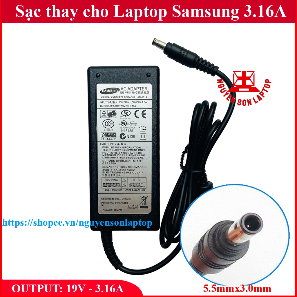 Sạc Laptop Samsung 19V - 3.16A chân 5.5x3.0mm thay cho Samsung R428 ...