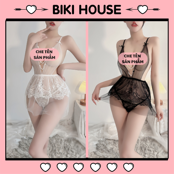 Váy ngủ sexy ren xuyên thấu gợi cảm dây chuỗi hạt sang chảnh đầm tiểu thư dáng xòe kèm chip lọt ...