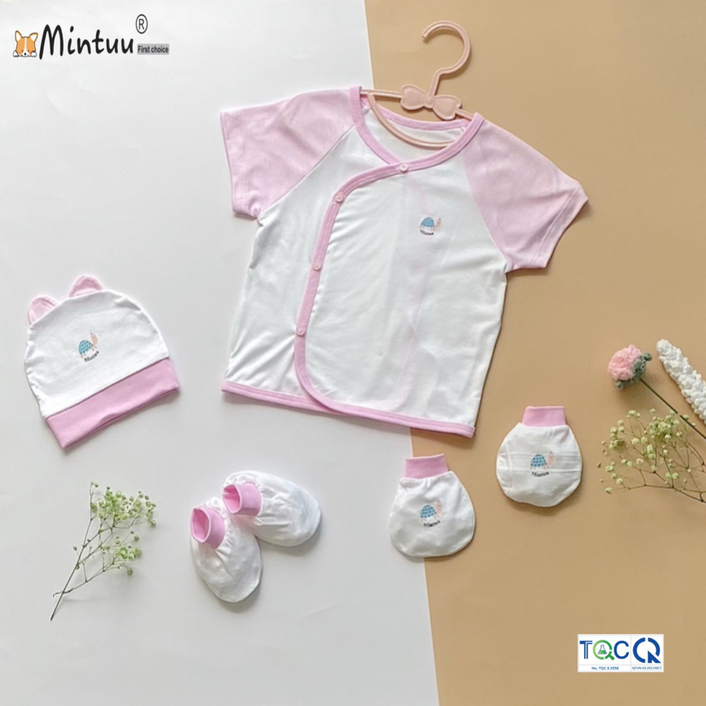 Combo 4 món áo, mũ ,bao tay, bao chân cho bé sơ sinh phối màu vải sợi ...